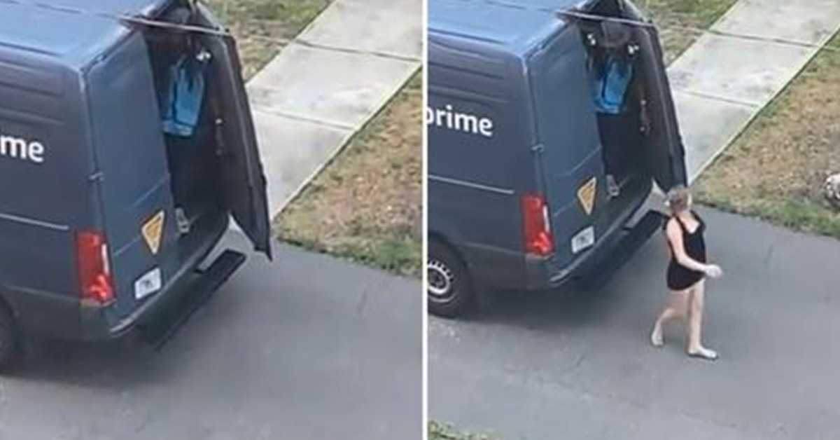 Bizarre vid shows woman getting out of Amazon delivery truck with ...